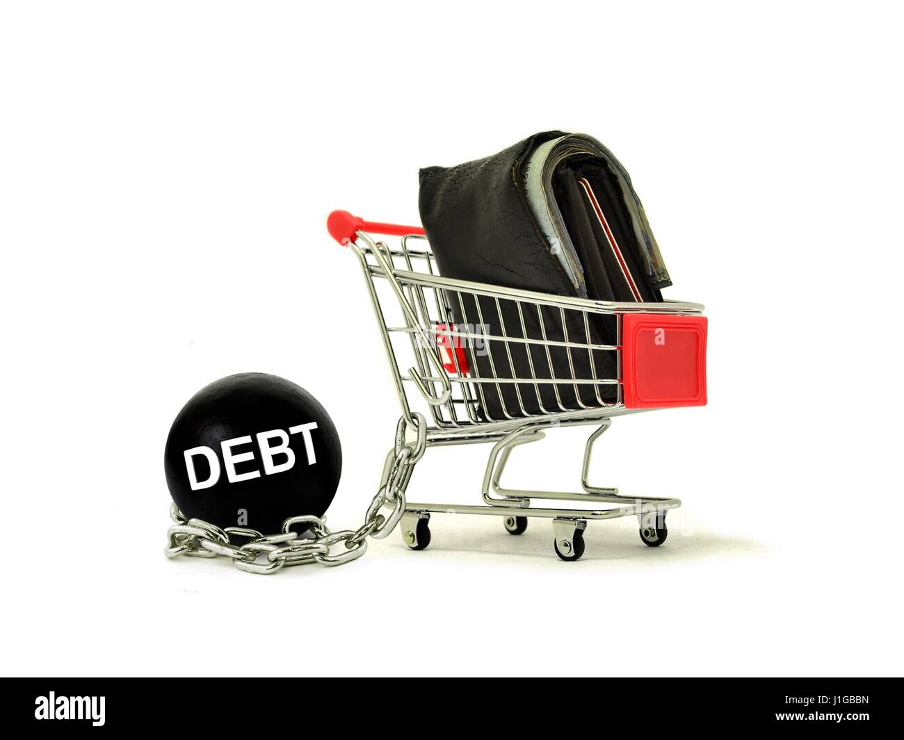 Debt Ball Chained to Cart with Wallet Stock Photo - Alamy