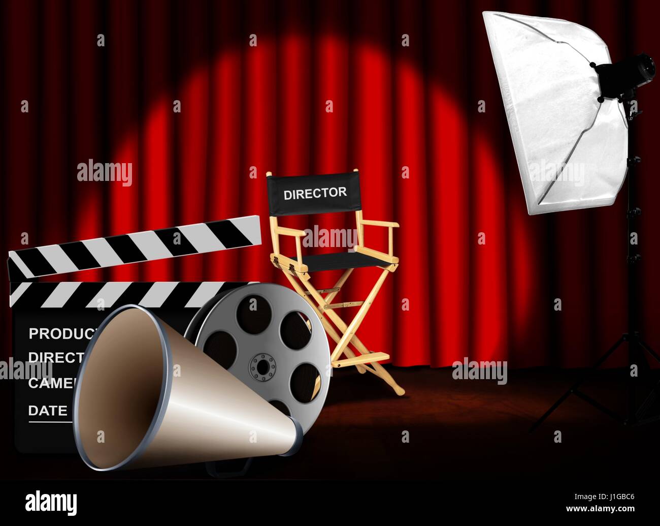 Film reel with megaphone and director chair Stock Photo - Alamy