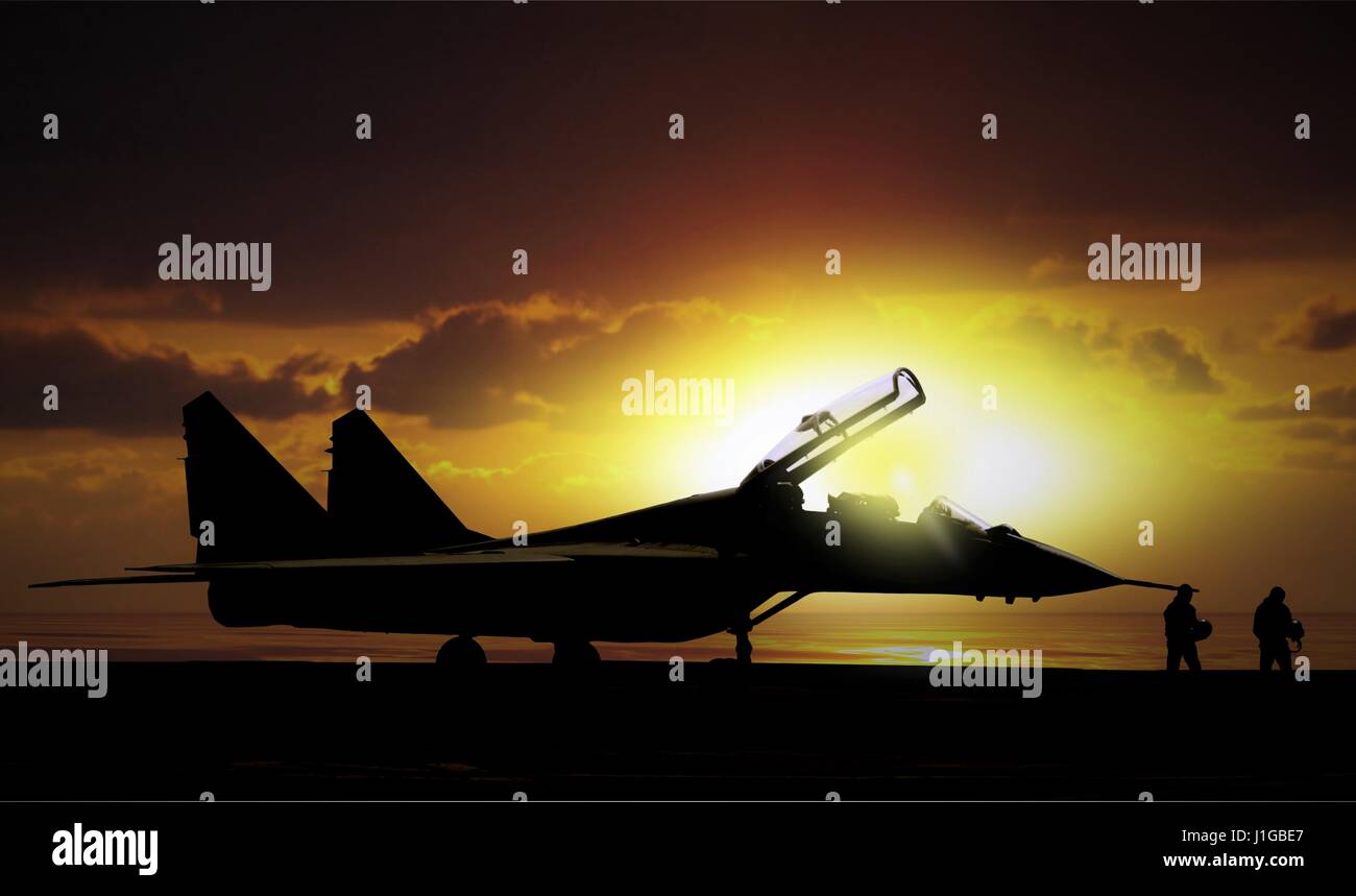 Fighter jet under sunset on super carrier at sea Stock Photo - Alamy