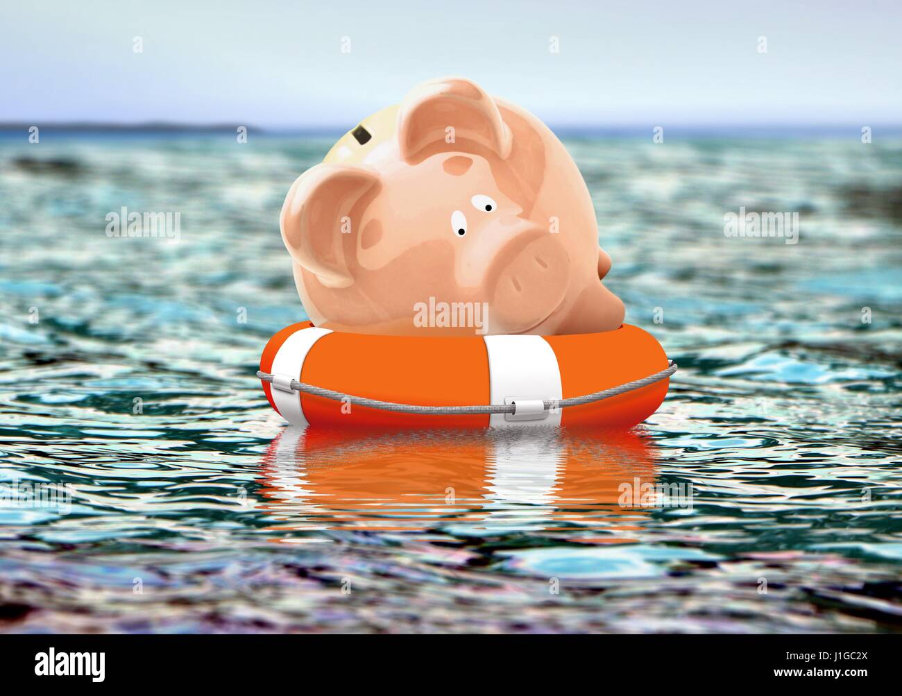 Piggy bank on buoy floating on water Stock Photo - Alamy