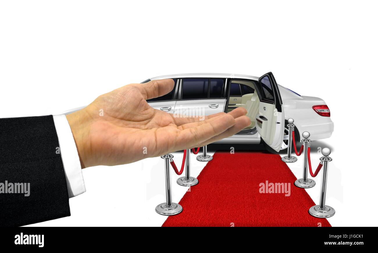 Welcome hand gesture to a white limousine Stock Photo - Alamy
