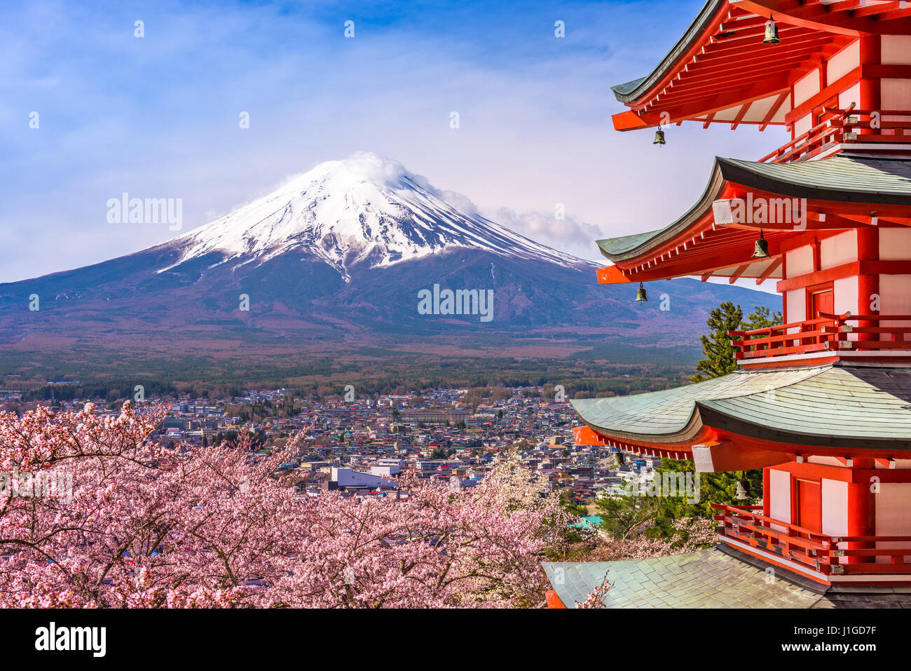 Fujiyoshida, Japan at Chureito Pagoda and Mt. Fuji in the spring with ...