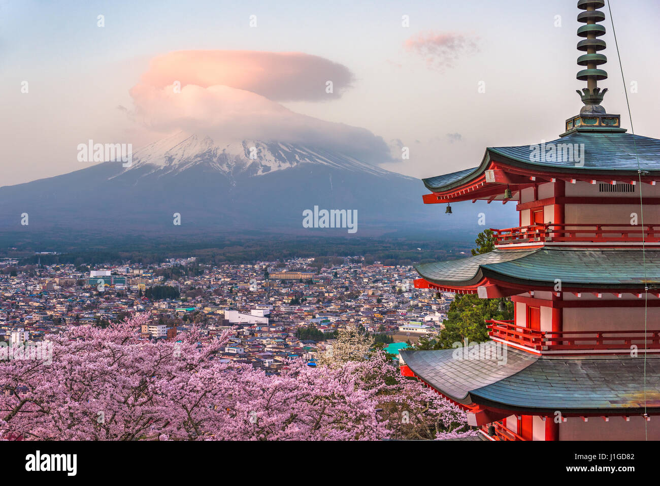 Fujiyoshida, Japan at Chureito Pagoda and Mt. Fuji in the spring with ...