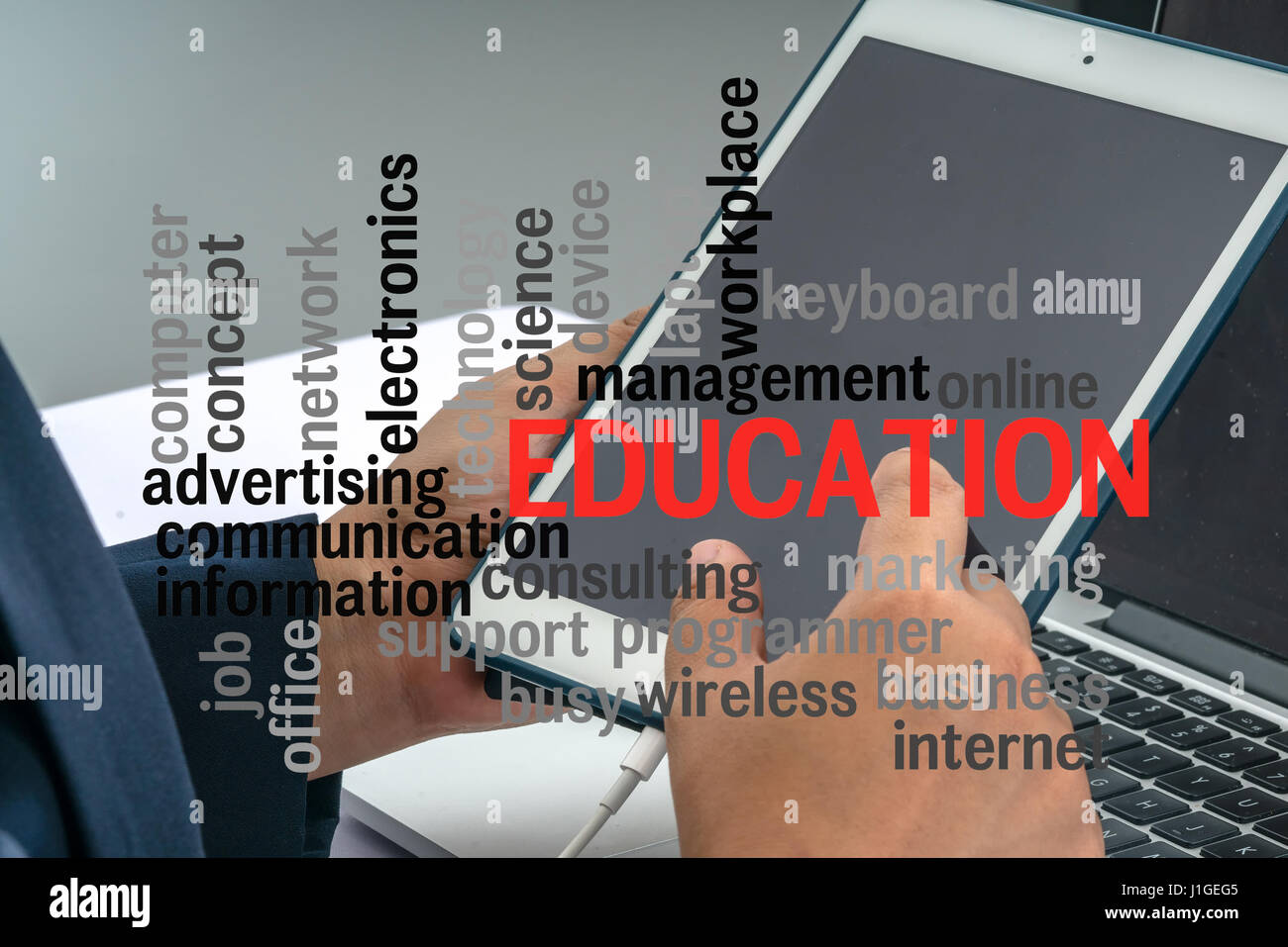 Hand with text. Technology concept Stock Photo - Alamy