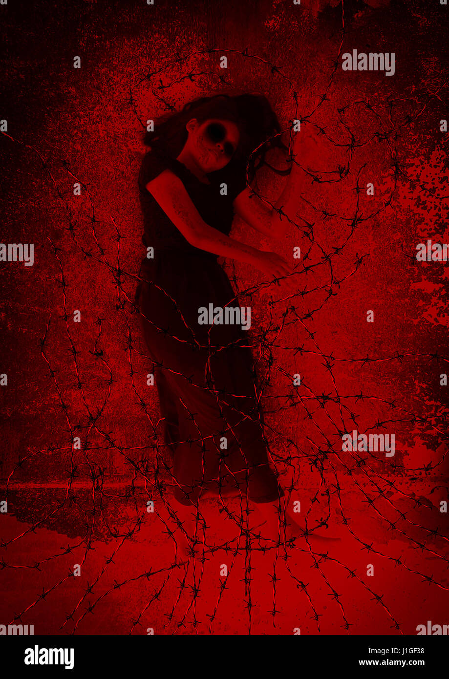 Ghost woman with barbed wire,Scary background for book cover Stock ...