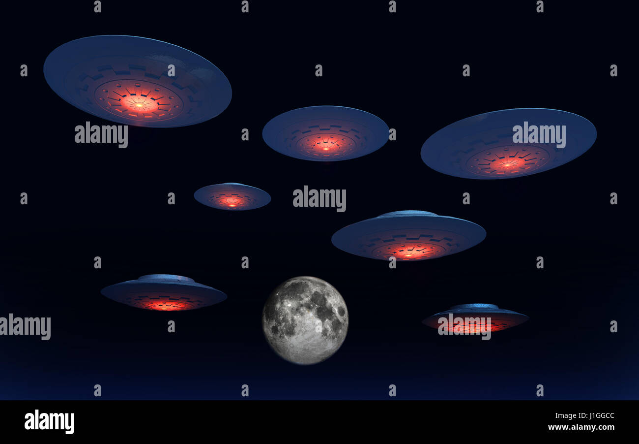 A Fleet Of Flying Saucers Flying Near To The Moon Stock Photo - Alamy