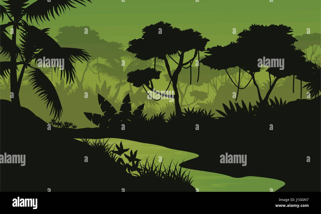 Silhouette of jungle with river landscape Stock Vector Image & Art - Alamy
