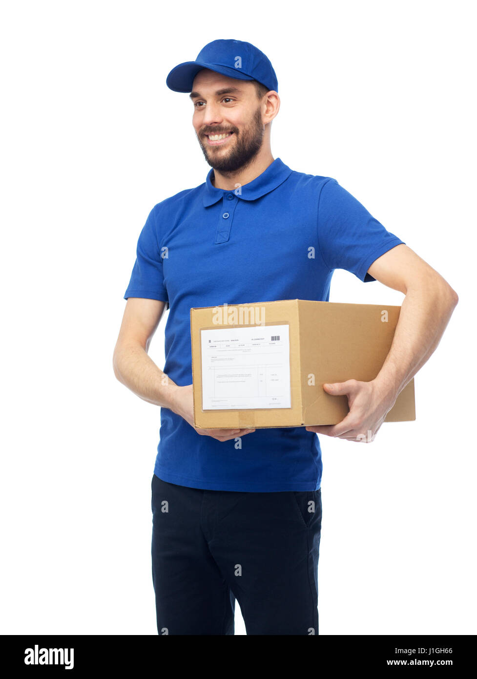 happy delivery man with parcel box Stock Photo - Alamy