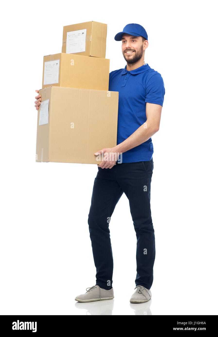 happy delivery man with parcel boxes Stock Photo - Alamy