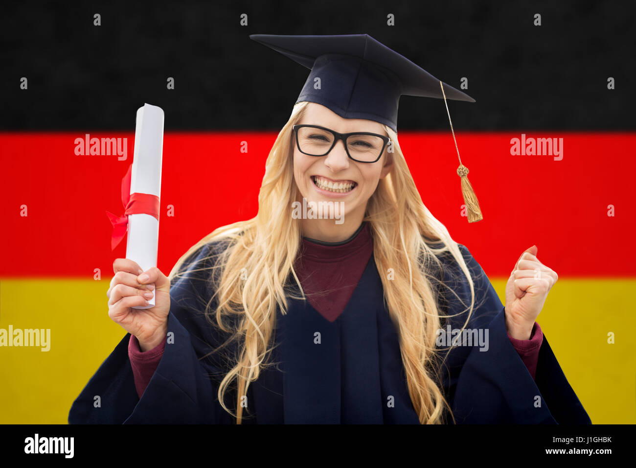 happy female student with diploma over german flag Stock Photo - Alamy