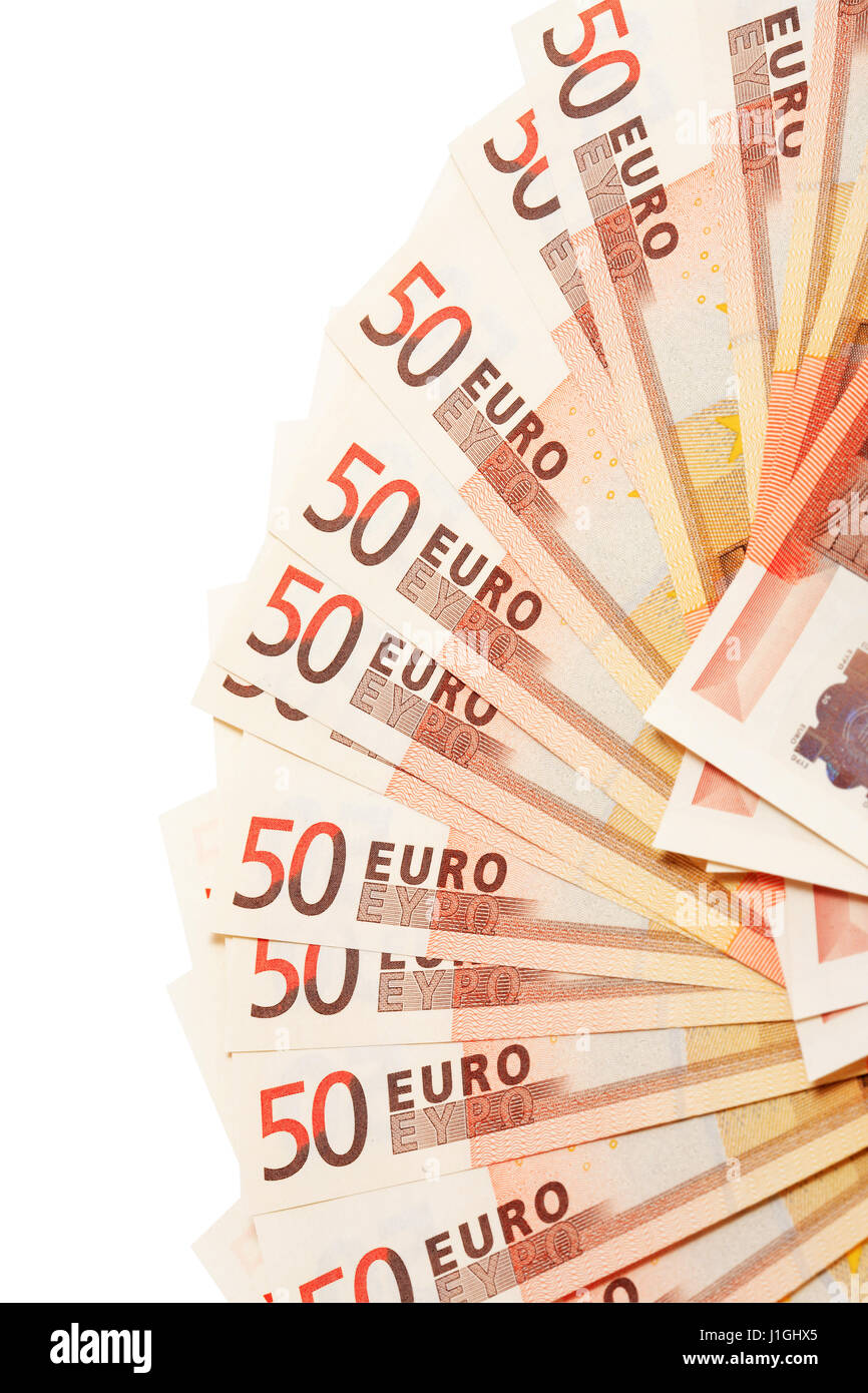European Union currency bank notes as fan on white background. Clipping ...