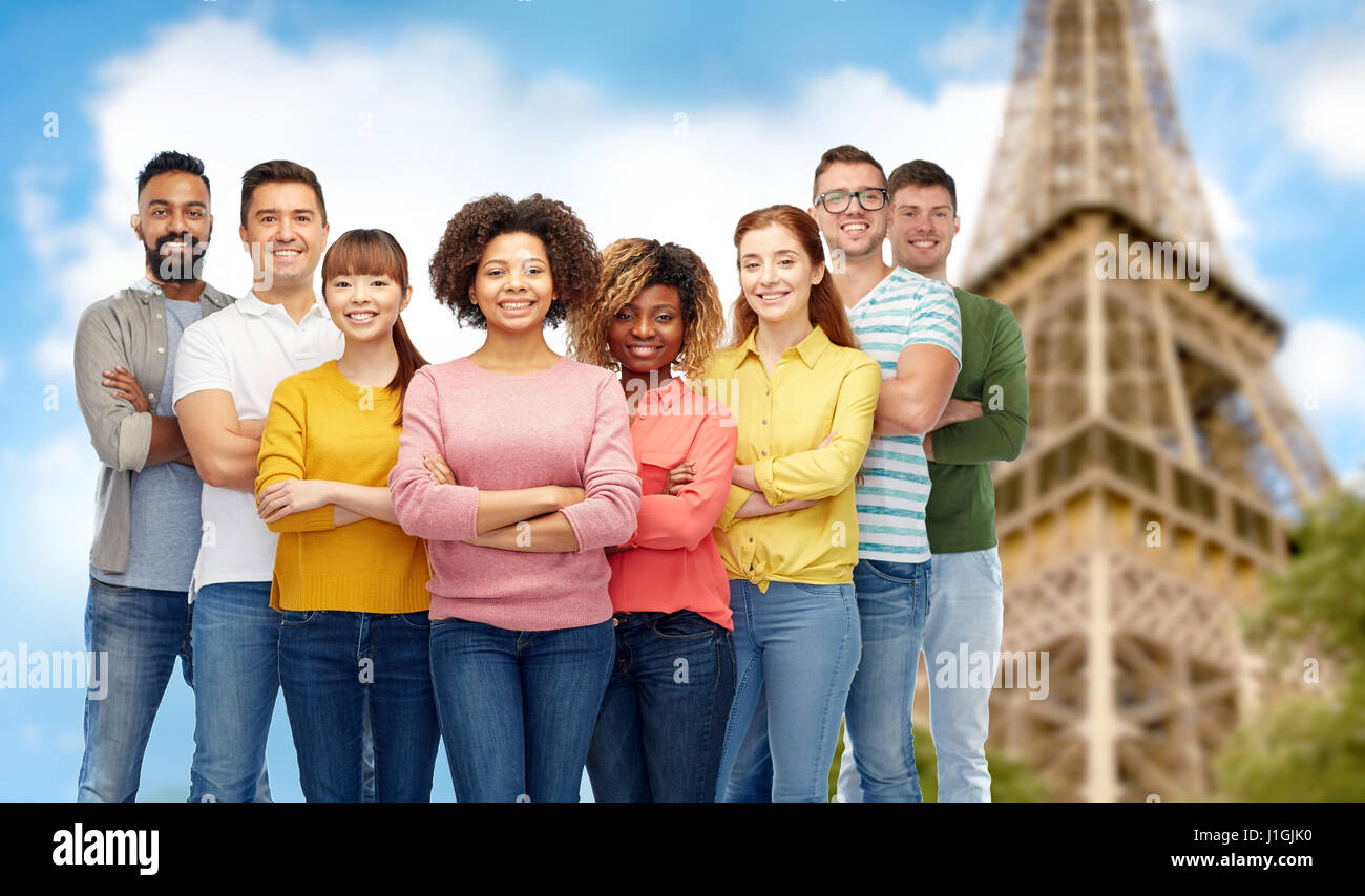 international group of people over eiffel tower Stock Photo - Alamy