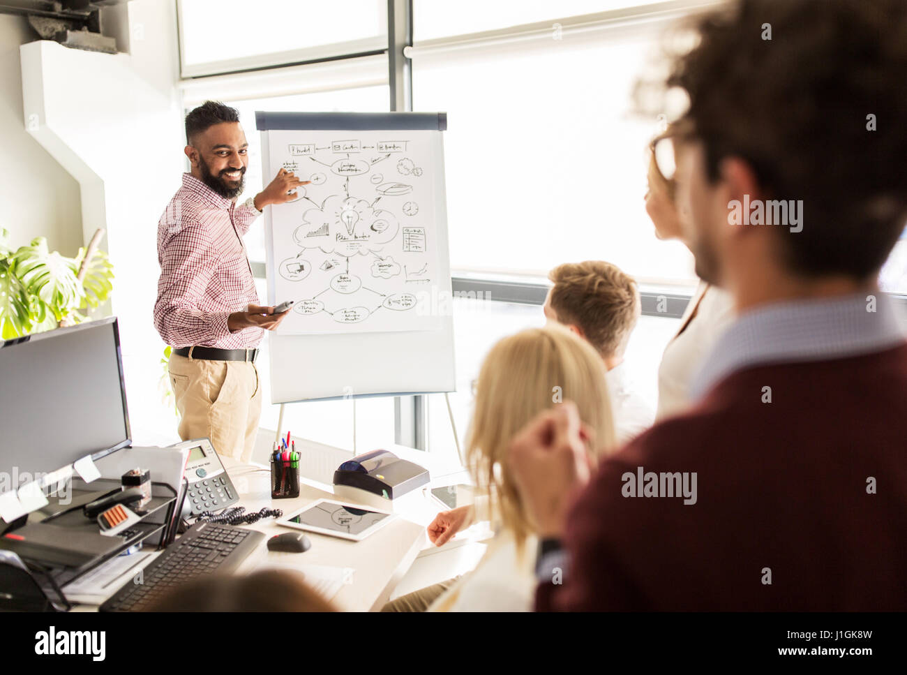 business team with scheme on flipboard at office Stock Photo - Alamy