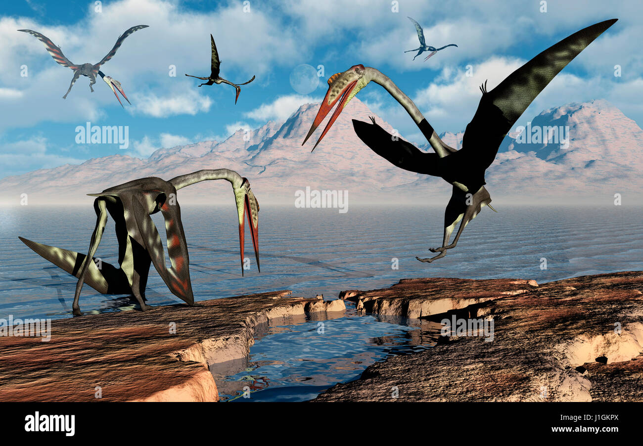 A Flock Of Quetzalocoatlus Pterosaurs , Alive During Earths Cretaceous ...