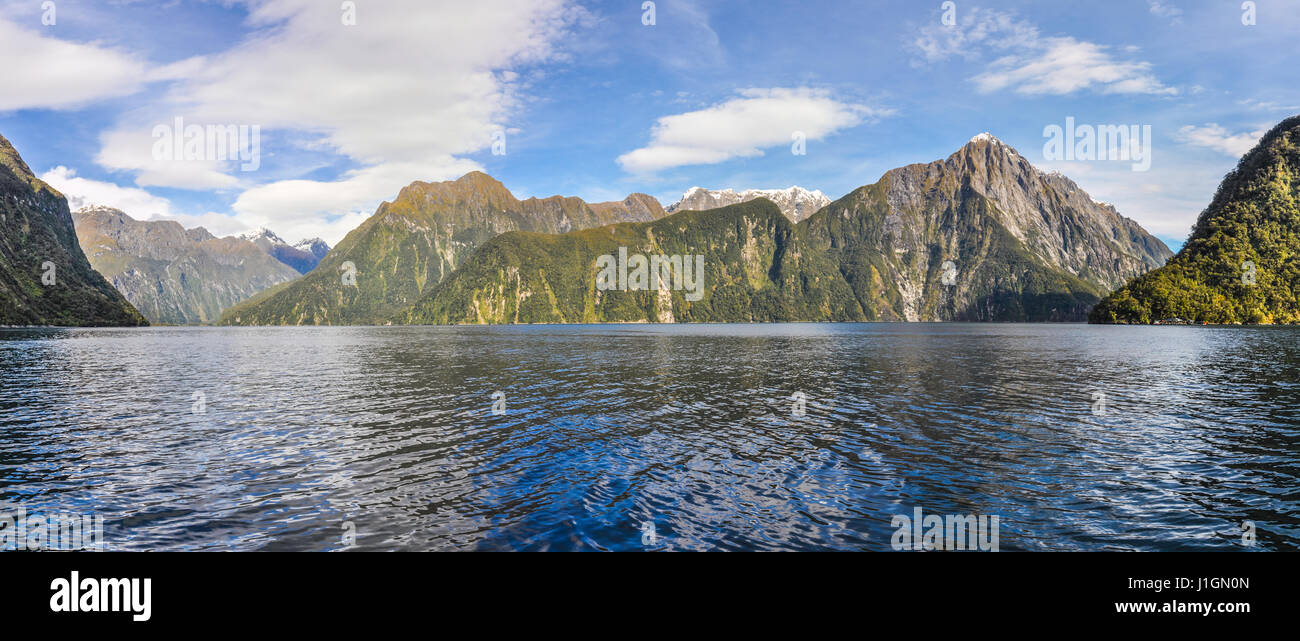 Panoramic view in the Milford Sound, one of the most beautiful fiords ...