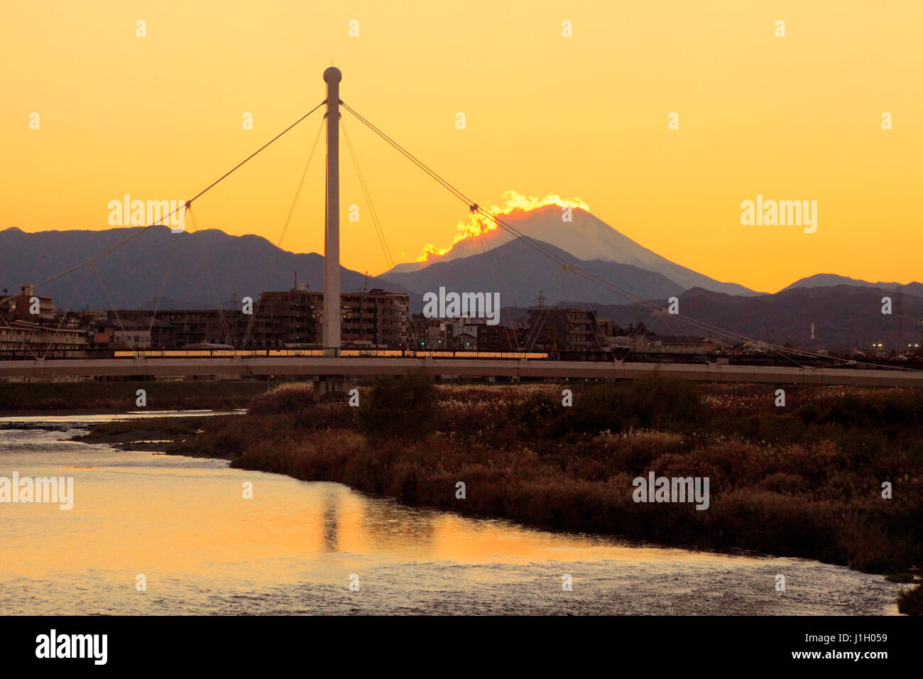 An Evening Scene of Fureai-bashi Bridge and Mount Fuji Hino city Tokyo ...
