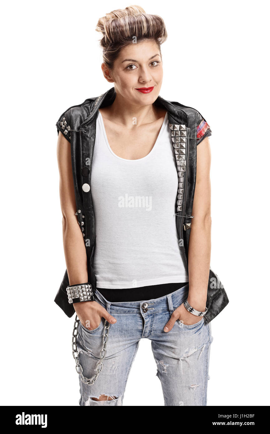Punk girl looking at the camera and smiling isolated on white ...