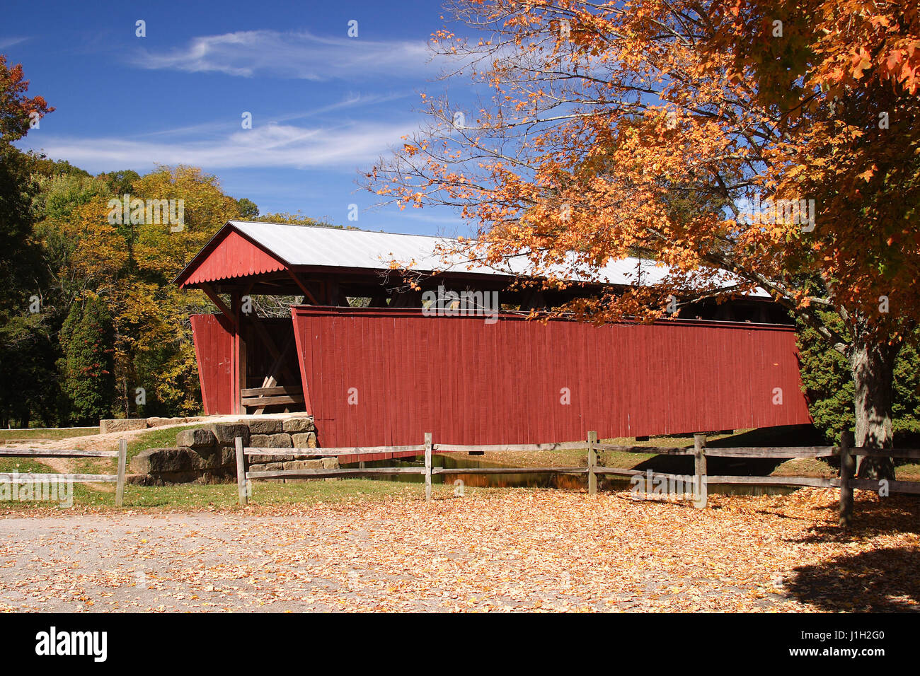 Staats Mill Covered Bridge In Autumn Stock Photo - Alamy
