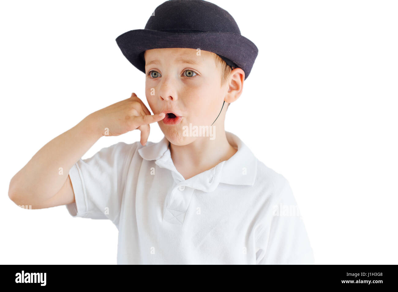 Little boy show emotions on white background Stock Photo - Alamy