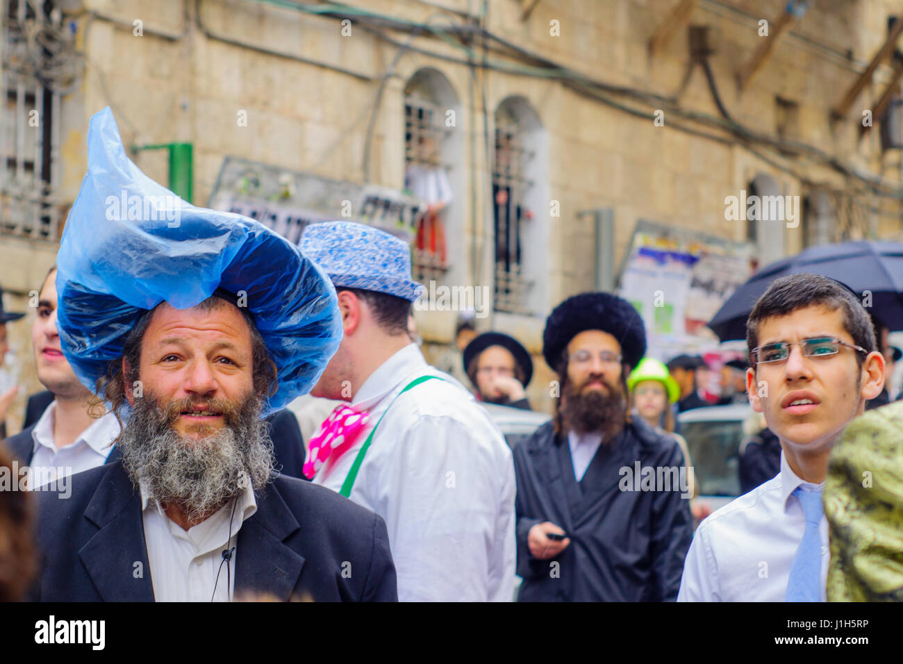 JERUSALEM, ISRAEL - MARCH 13, 2017: Ultra-orthodox Jewish men, one with ...