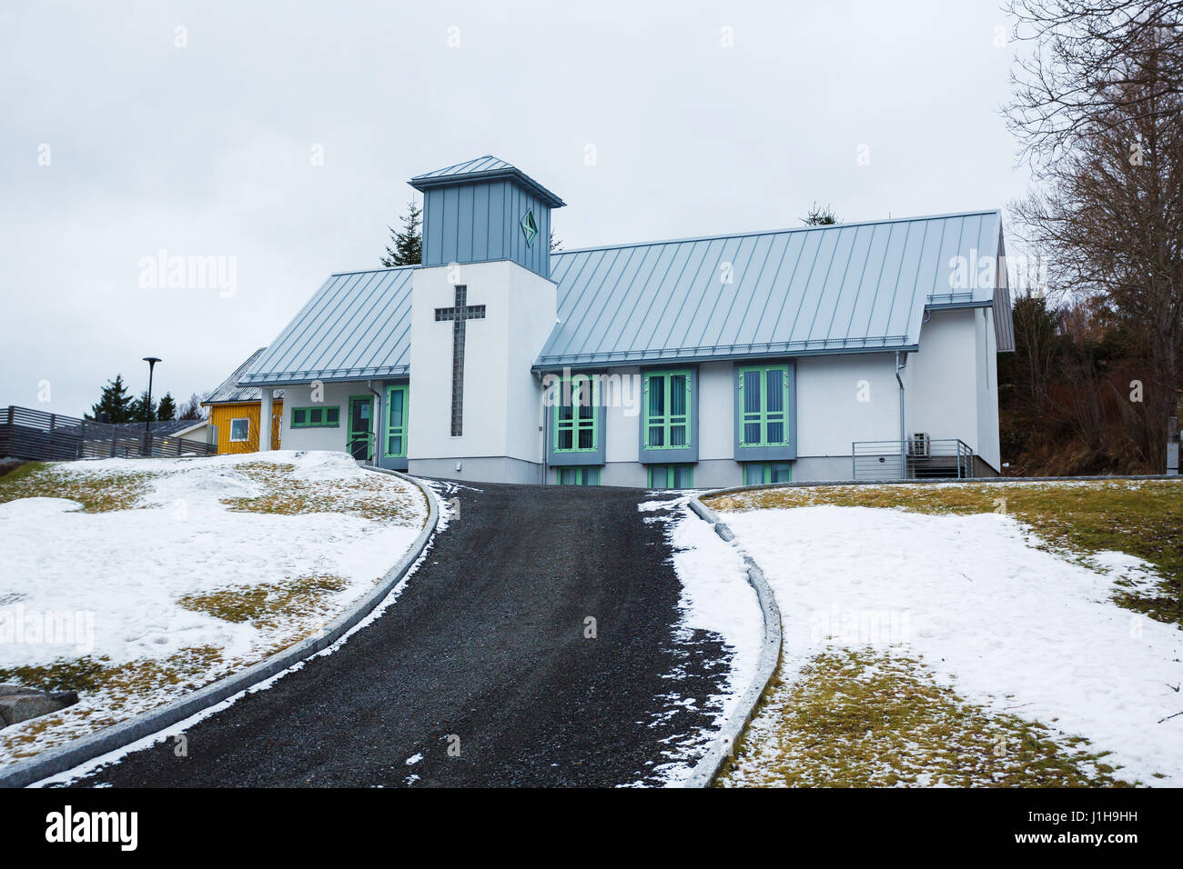 The church of the Leknes town in the Lofoten Islands, Norway Stock ...