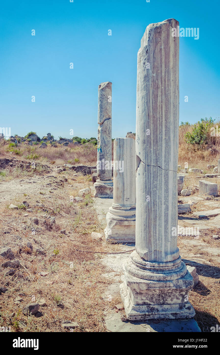 Ancient columnated street ruins from the Turkish town of Side Stock ...