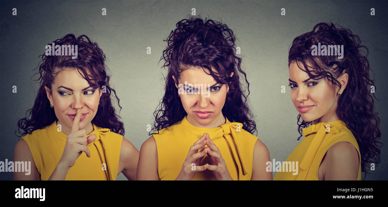 Sneaky, sly, scheming young woman plotting something. Human emotions ...