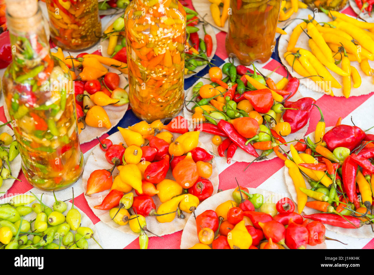 Colorful hot chili peppers on display at the farmers market in Rio de ...