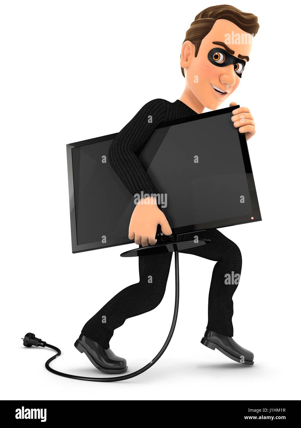 3d thief stealing a television, illustration with isolated white ...