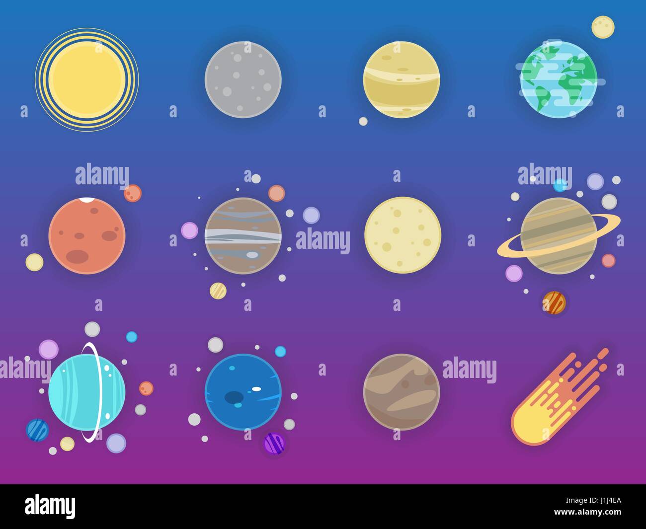 Solar system icons - planets, comet, satellite of the planets flat ...