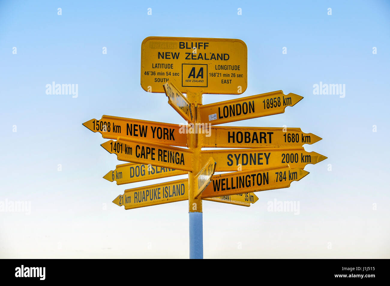 Signpost in the Stirling Point, the most southern mainland point of the ...