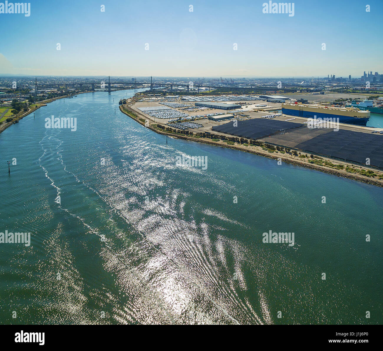 Aerial view of Yarra River and West Gate Bridge at high noon. Melbourne ...