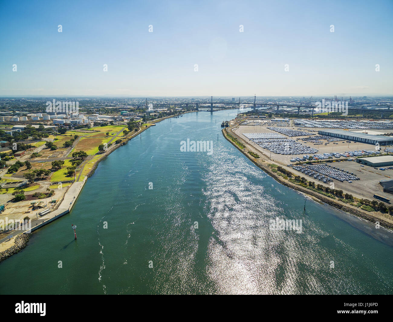 Aerial view of Yarra River, West Gate Bridge, and Melbourne ...