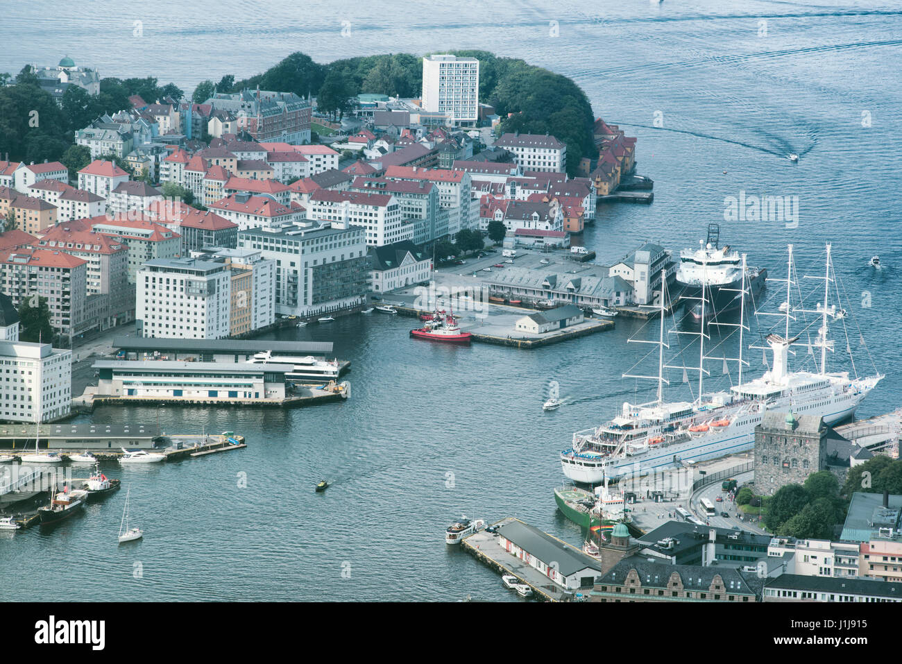 Aerial view of Bergen City, Norway. Large sail ship docked at the port ...