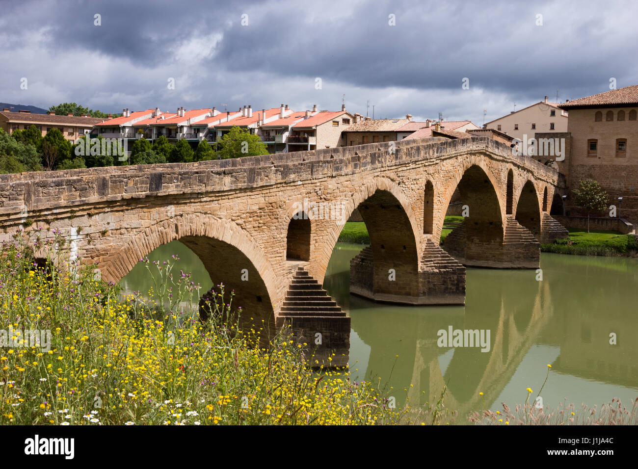 Puente la Reina (Bridge of the Queen) bridge over the Arga river ...