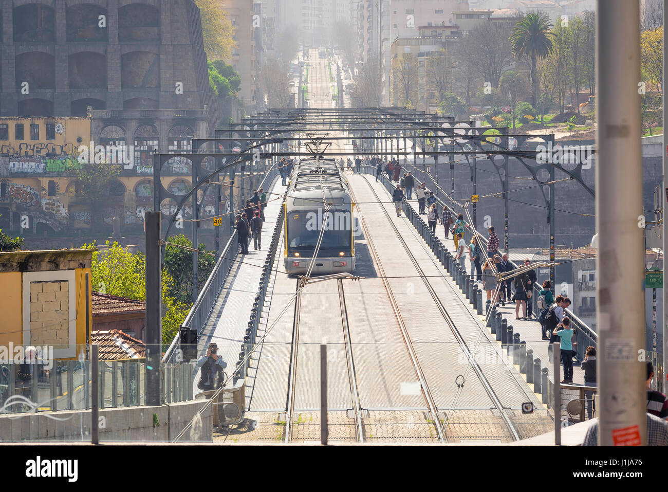 Bridge Porto Portugal, a metro train on the upper level of the Dom Luis ...