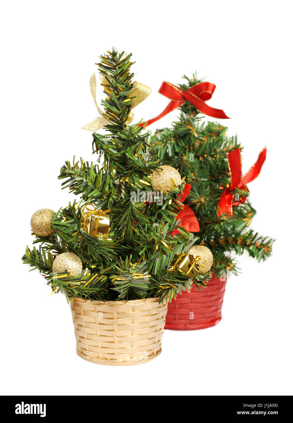 Two christmas tree with decorations isolated on white background Stock ...