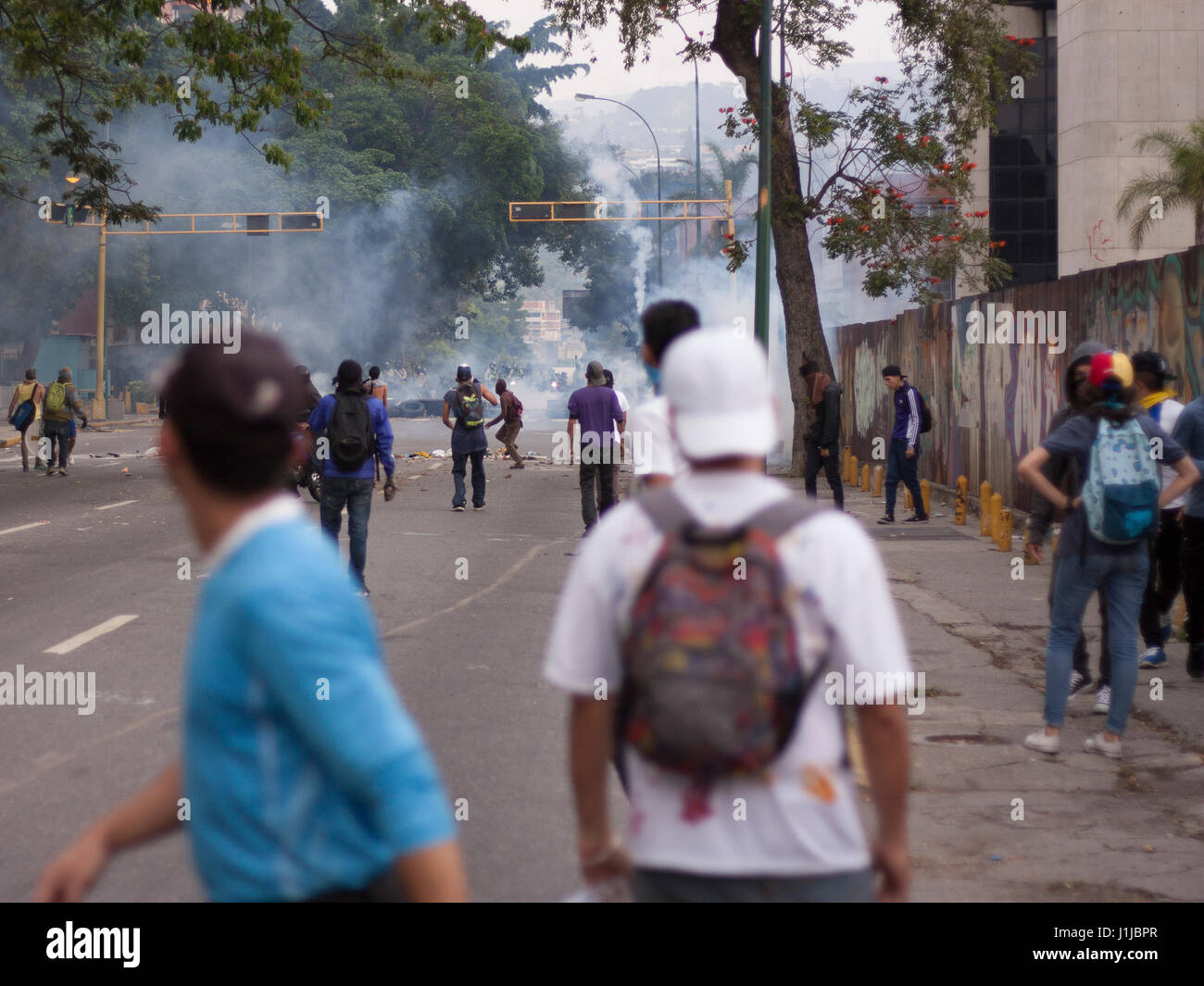 Caracas, Venezuela, 21th April, 2017. Protesters in a street in Caracas ...