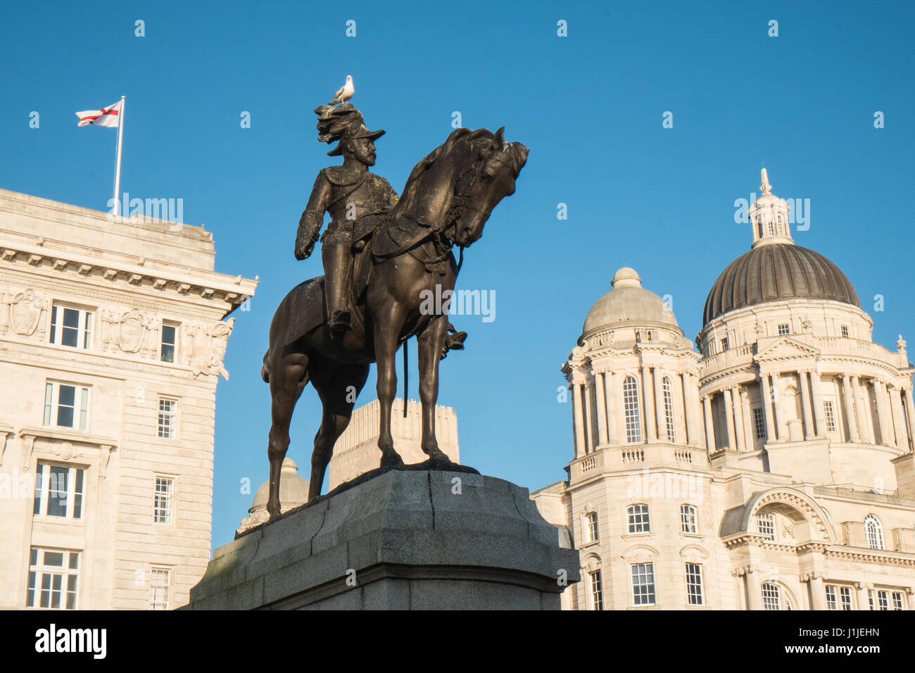 Edward VII,horse,statue,Pier Head,sunset,Liverpool,Merseyside,England ...