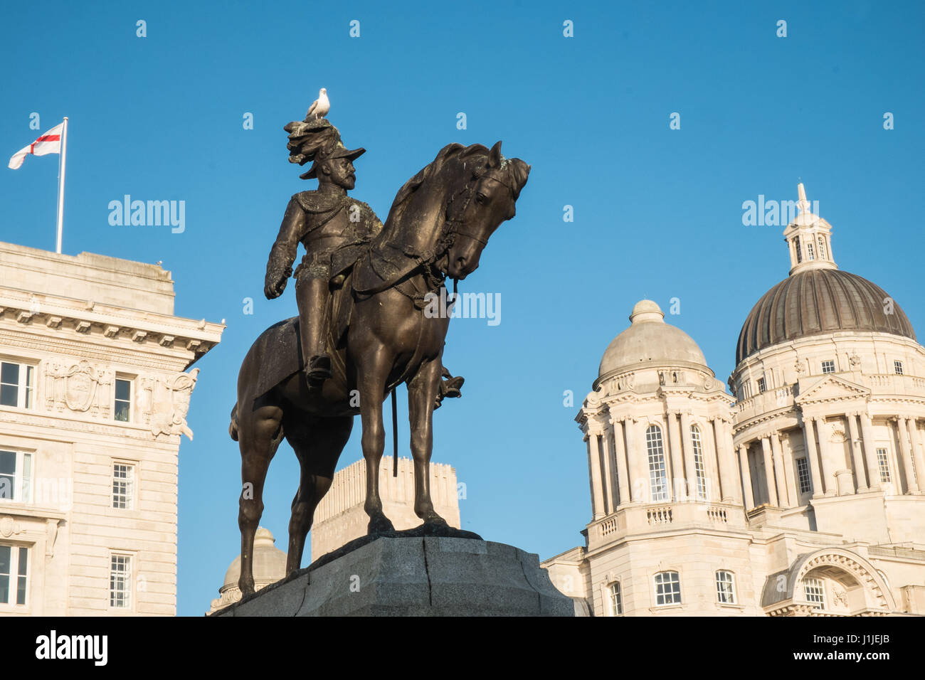 Edward VII,horse,statue,Pier Head,sunset,Liverpool,Merseyside,England ...