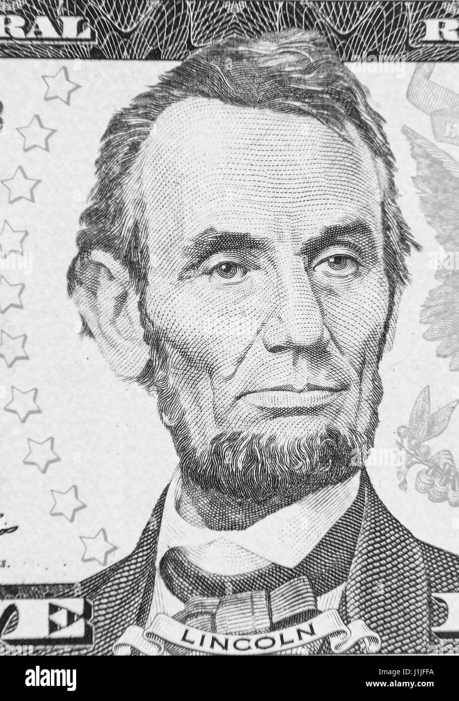 Money five lincoln dollar bill Black and White Stock Photos & Images ...