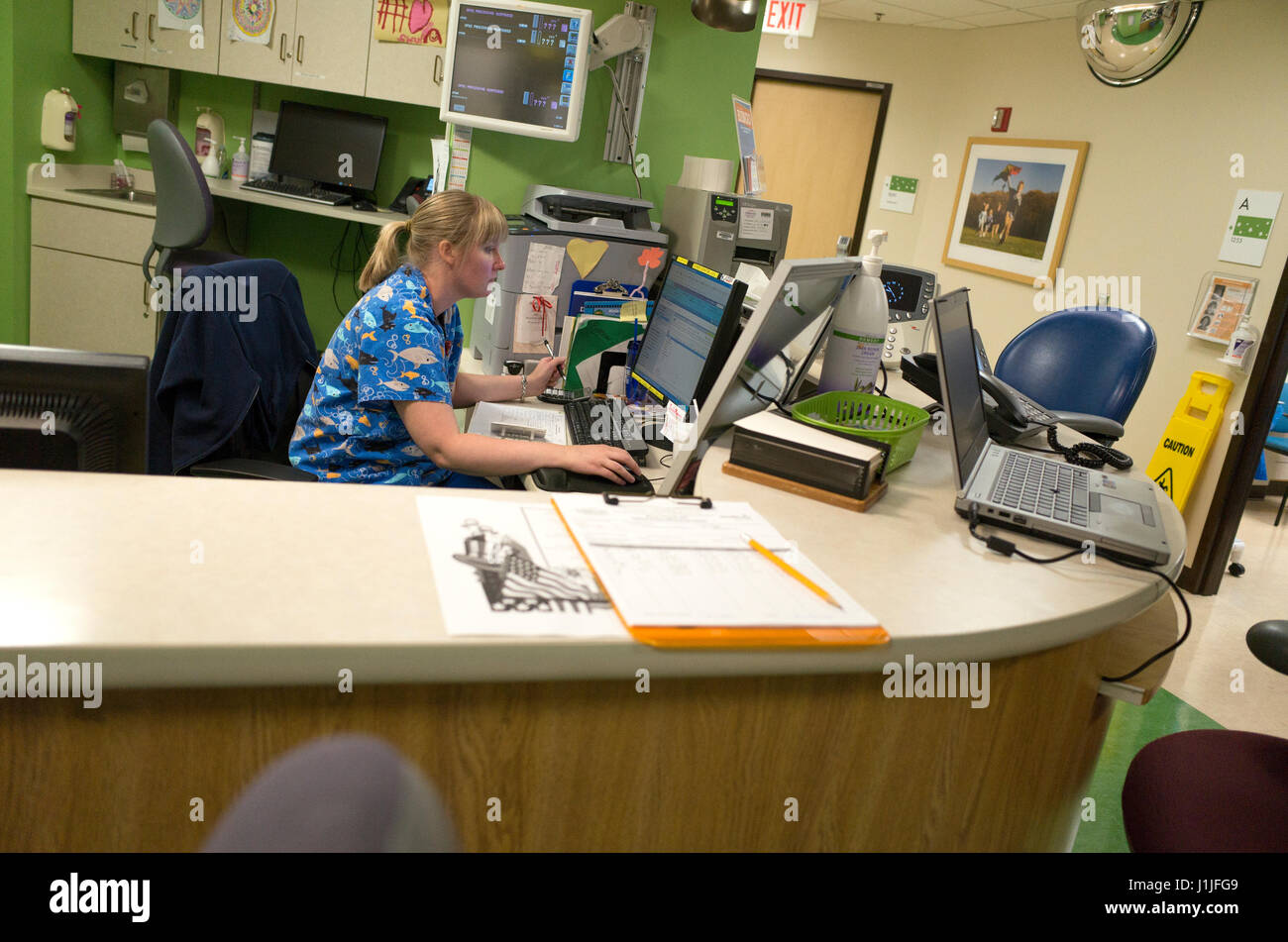 Nurse using the computer at the desk in the hospital. St Paul Minnesota ...