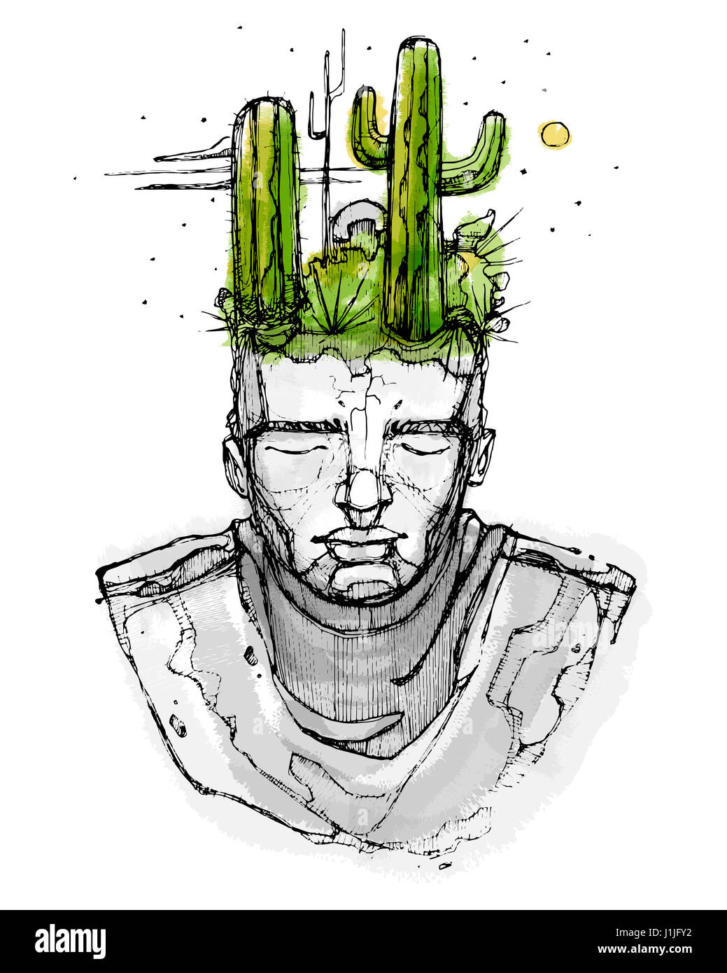 Hand drawn illustration or drawing of a man with cactus plants on his ...