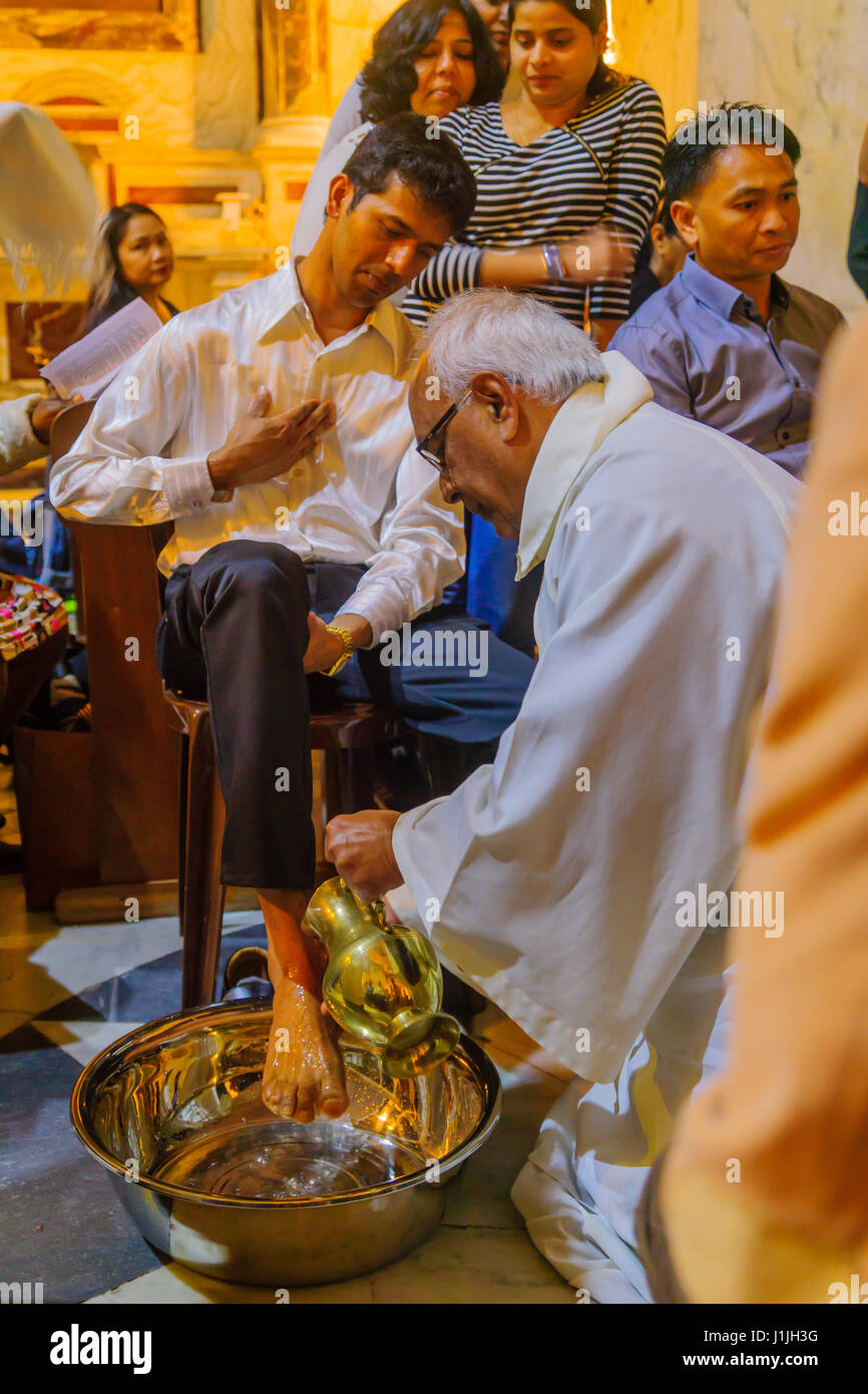 HAIFA, ISRAEL - APRIL 13, 2017: Washing of the feet ceremony, on Holy ...