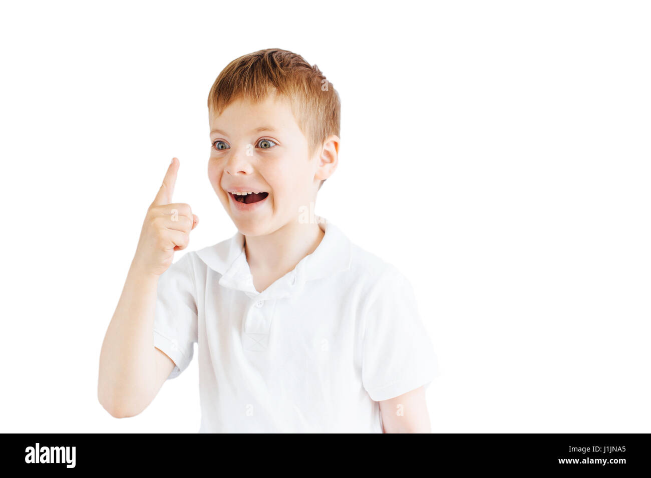 Little boy stand on white background and show his emotions Stock Photo ...