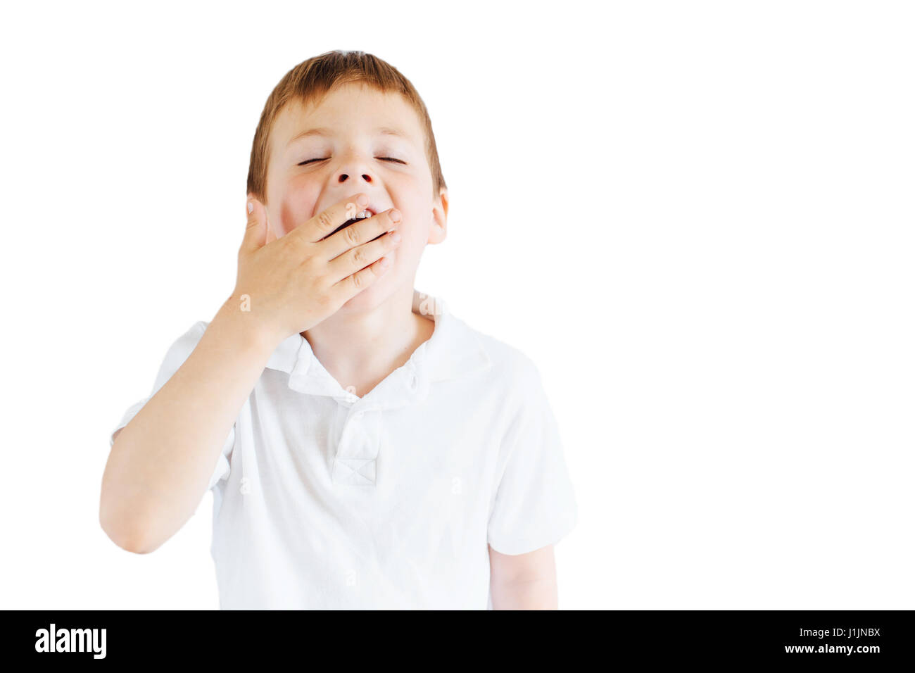 Little boy stand on white background and show his emotions Stock Photo ...