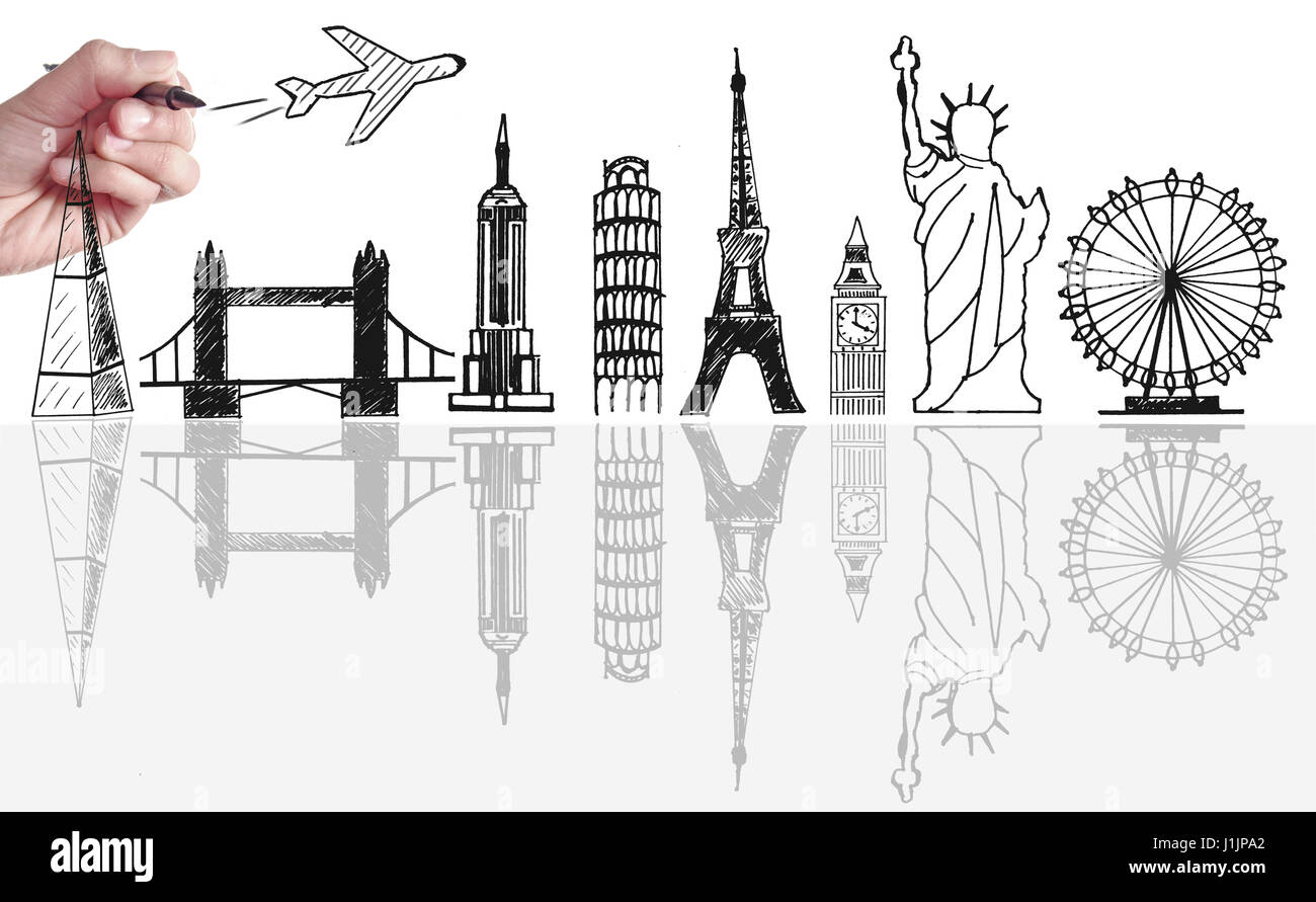 Hand sketching of global tourist landmarks Stock Photo - Alamy