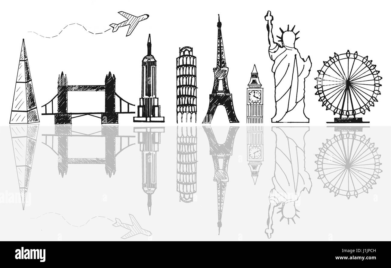 Sketch of airplane flying over global tourist landmarks skyline Stock ...