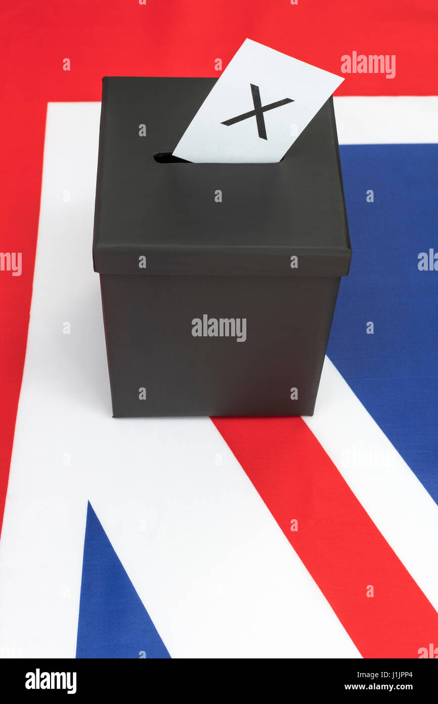 Replica black ballot box set against UK flag / Union Jack as metaphor ...