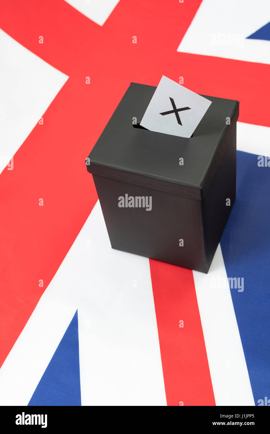 Replica black ballot box set against UK flag / Union Jack as metaphor ...